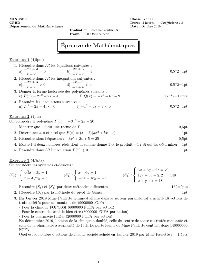 Épreuve de Mathématiques: Exercice 1 | PDF