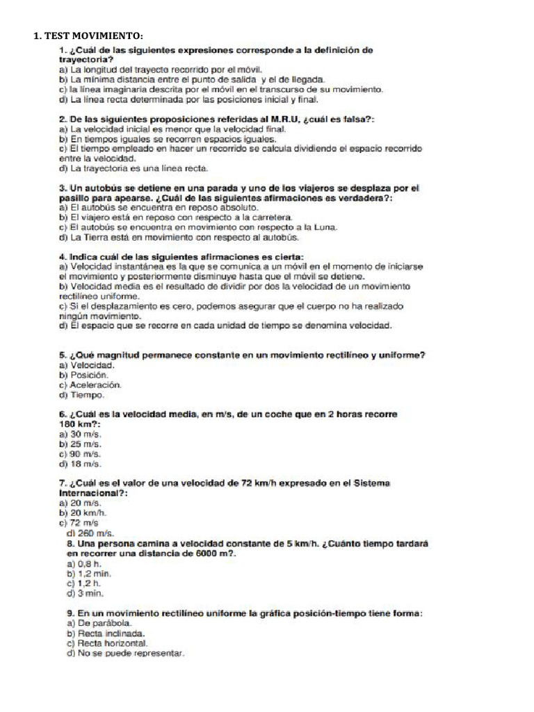 Test Movimiento y Fuerzas | PDF