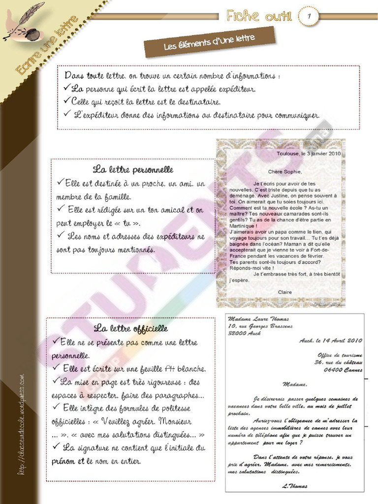Rédaction Dune Lettre Personnelle Français 3ème Année Collège | PDF