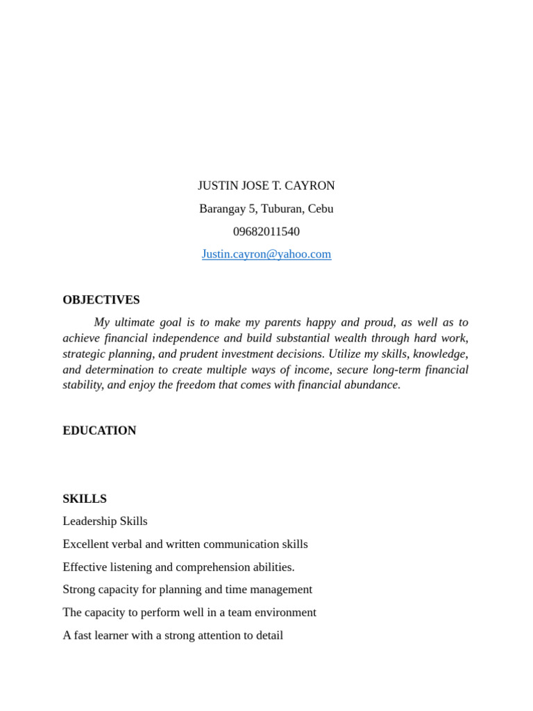 Resume For Reading and Writing | PDF