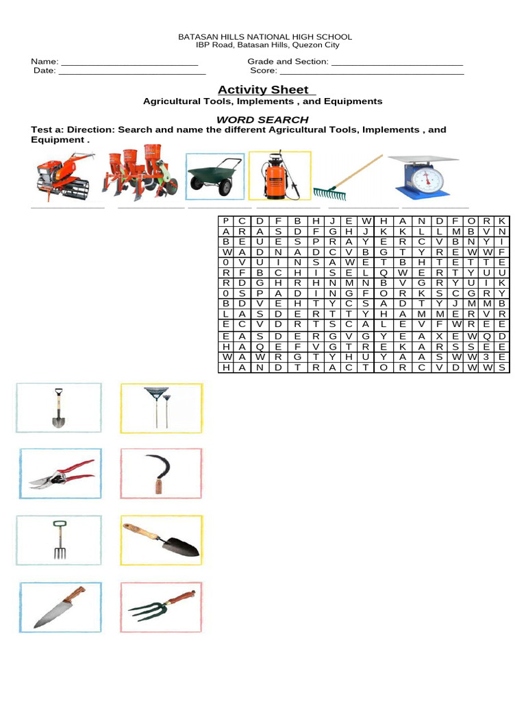 AFA Activity Sheet Agriculture Tools and Equipment | PDF