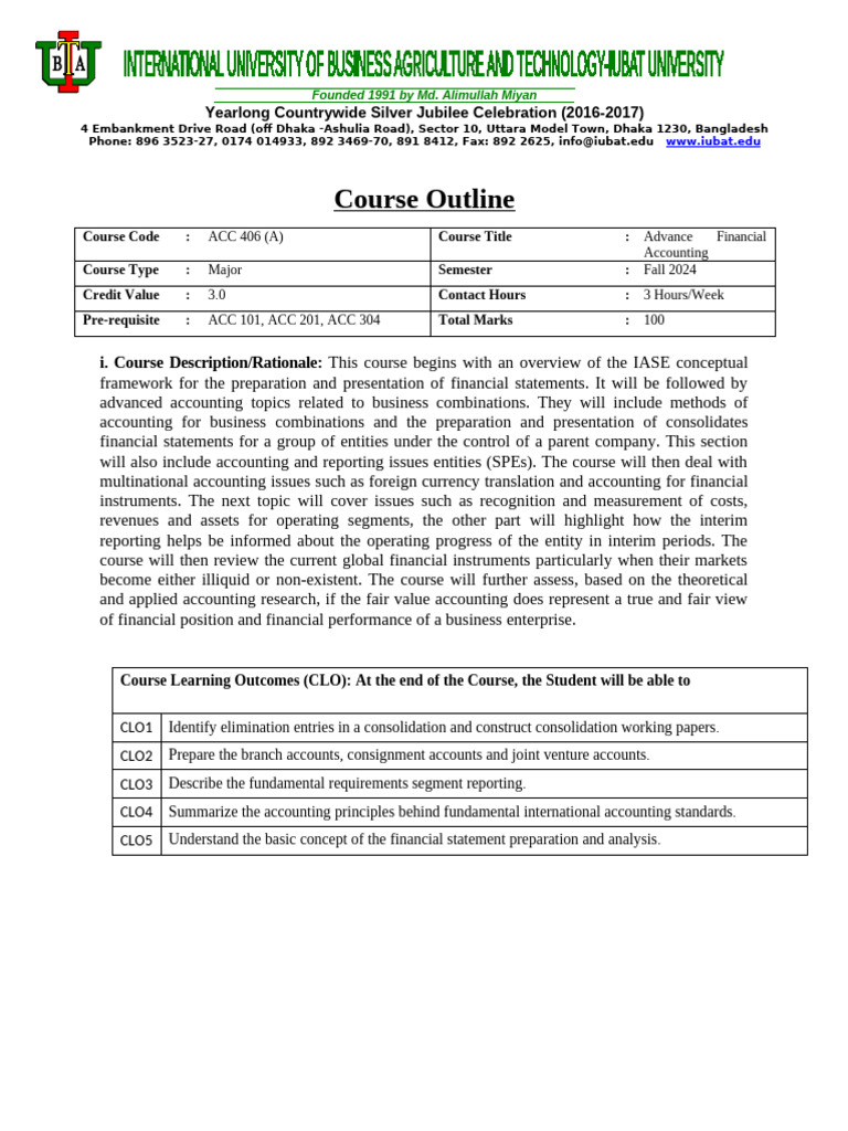 Course Outline ACC 406 (A) Fall 2024 | PDF
