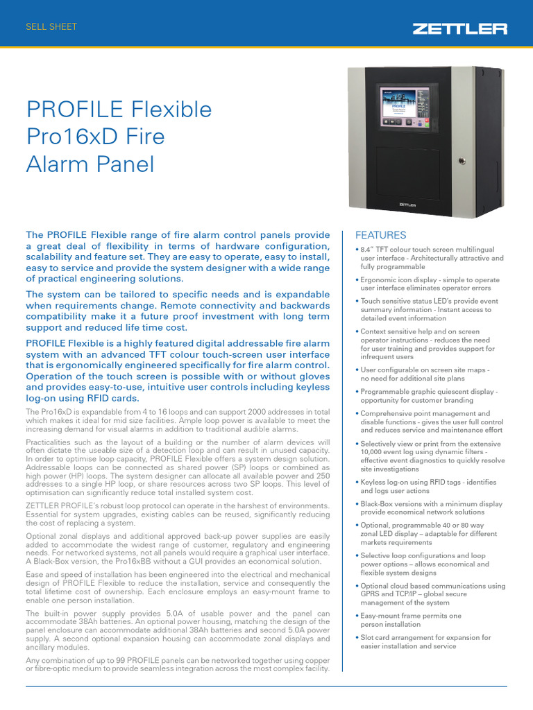 Zettler PROFILE Flexible Pro16xD Fire Alarm Panel Sell Sheet | PDF | Touchscreen | Computers
