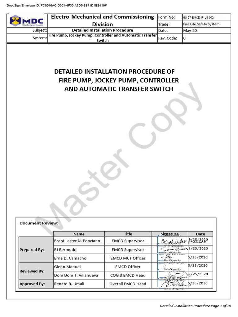 MS-07-EMCD-IP-LS-002-rev.0 DETAILED INSTALLATION PROCEDURE OF FIRE PUMP, JOCKEY PUMP, CONTROLLER ...