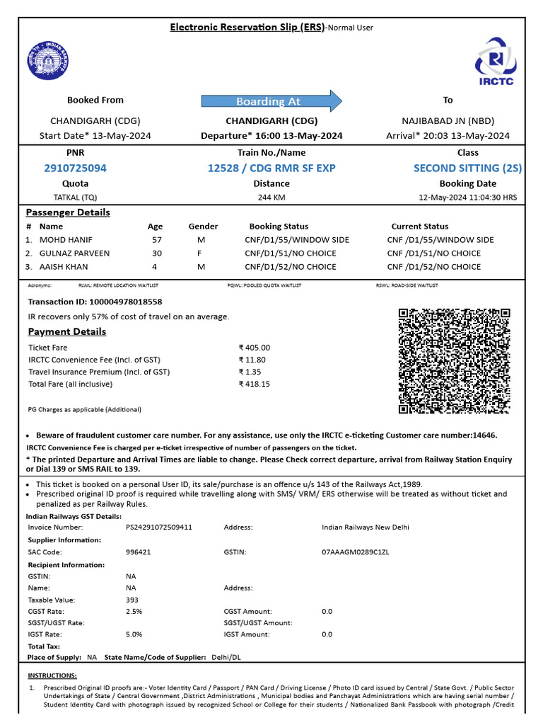CDG RMR SF Exp Second Sitting (2S) : Electronic Reserva On Slip (ERS) | PDF