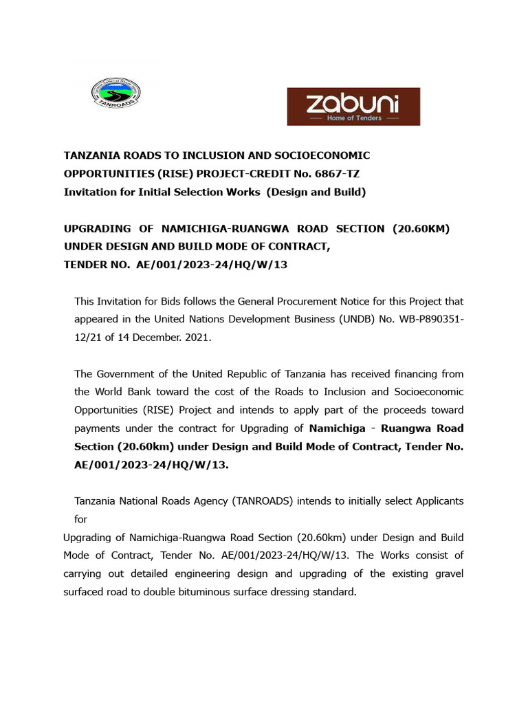 TANROADS Mchinga Ruangwa EoI | PDF