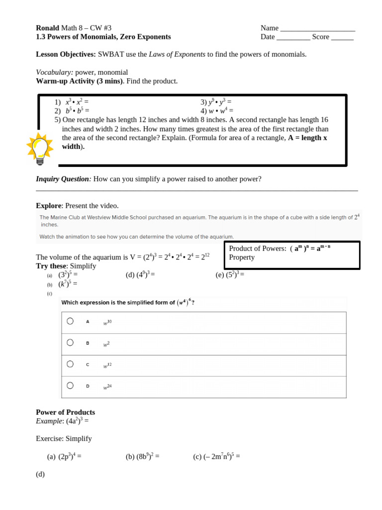 Powers of Monomials Lesson | PDF