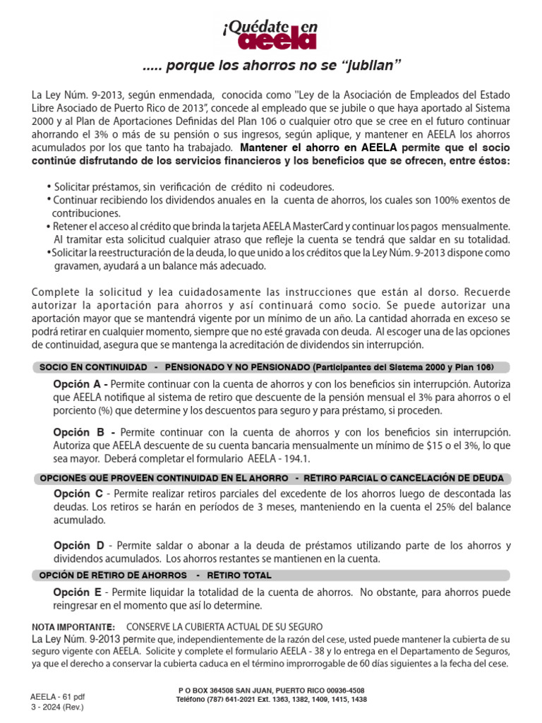 AEELA - 61 (3-2024 Rev.) Solicitud para Continuidad o Retiro de Ahorros | PDF