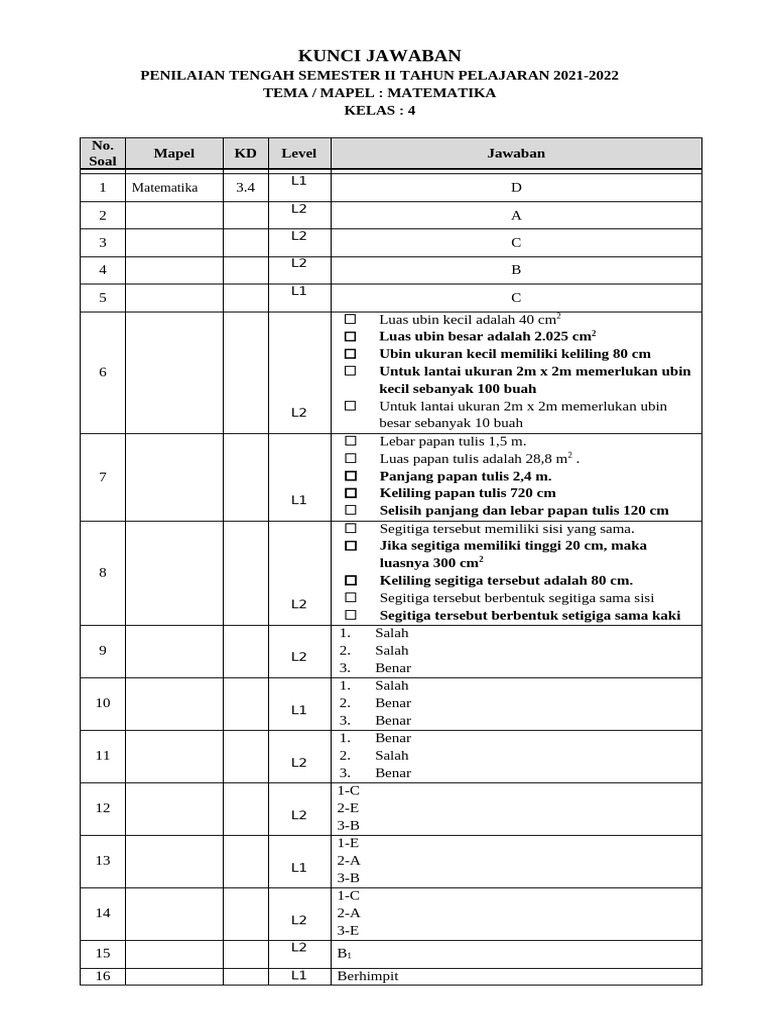 Kunci JWB PTS 2 KLS 4 Mat BR | PDF
