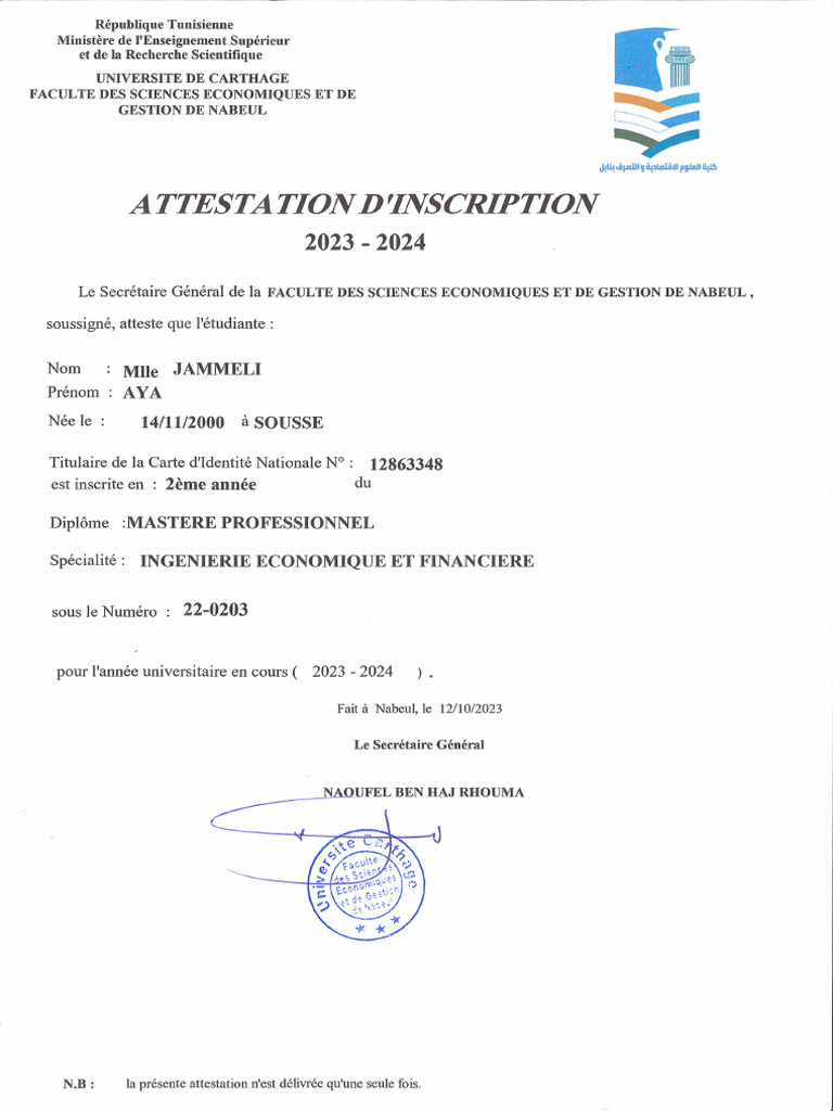 Attestation d Inscription | PDF