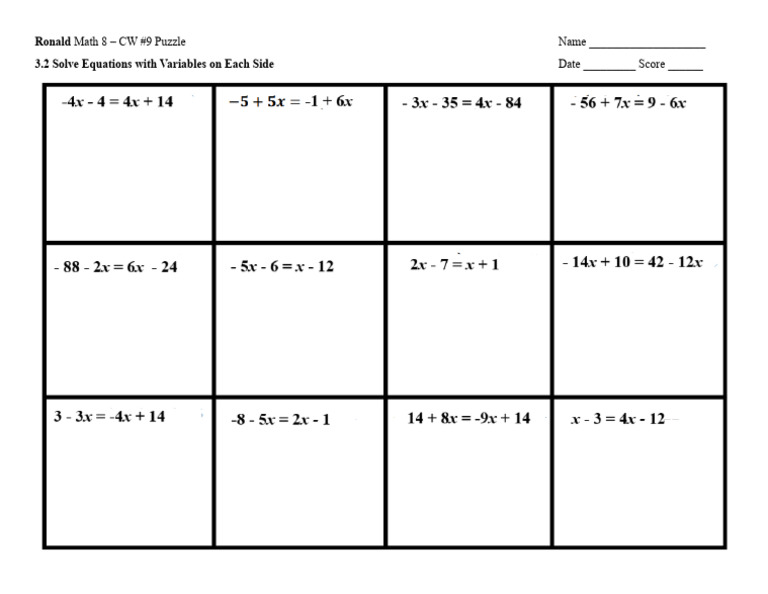 Math 8 CW # 9 - 3.1 Solve Equations With Variables On Each Side ...