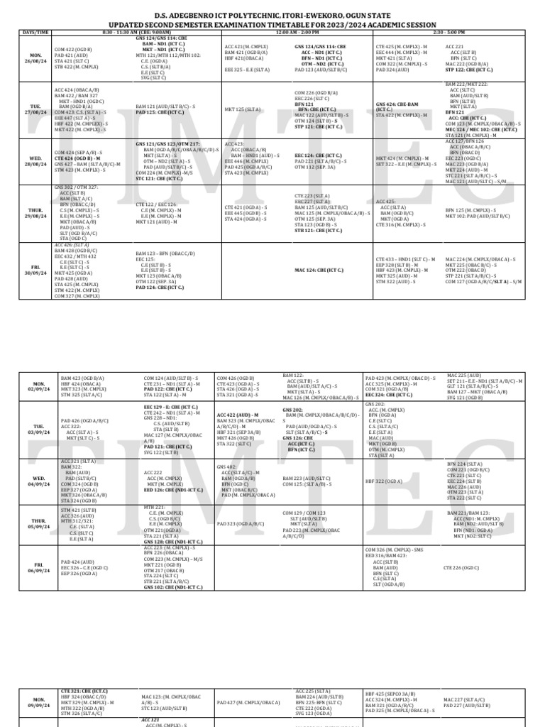 D.S. Adegbenro Polytechnic Exam Timetable 2024 | PDF