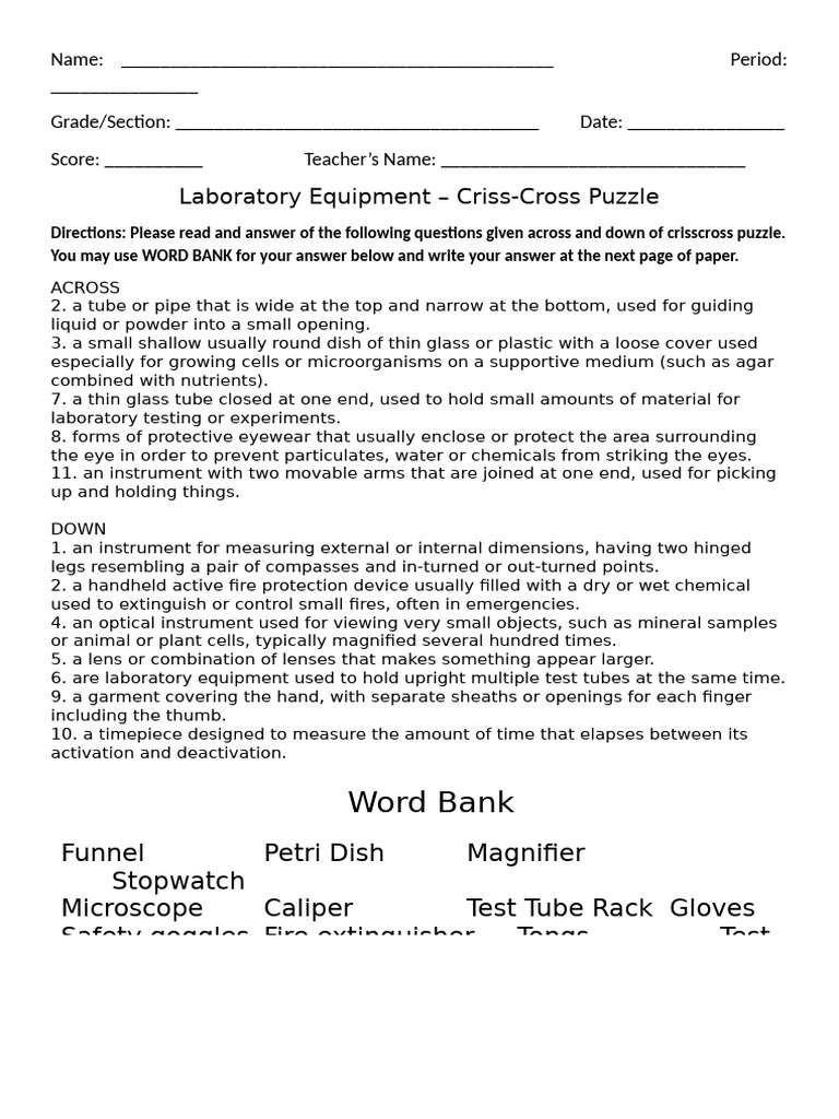 Laboratory Equipment - Criss-Cross Puzzle (With Answer Key) | PDF