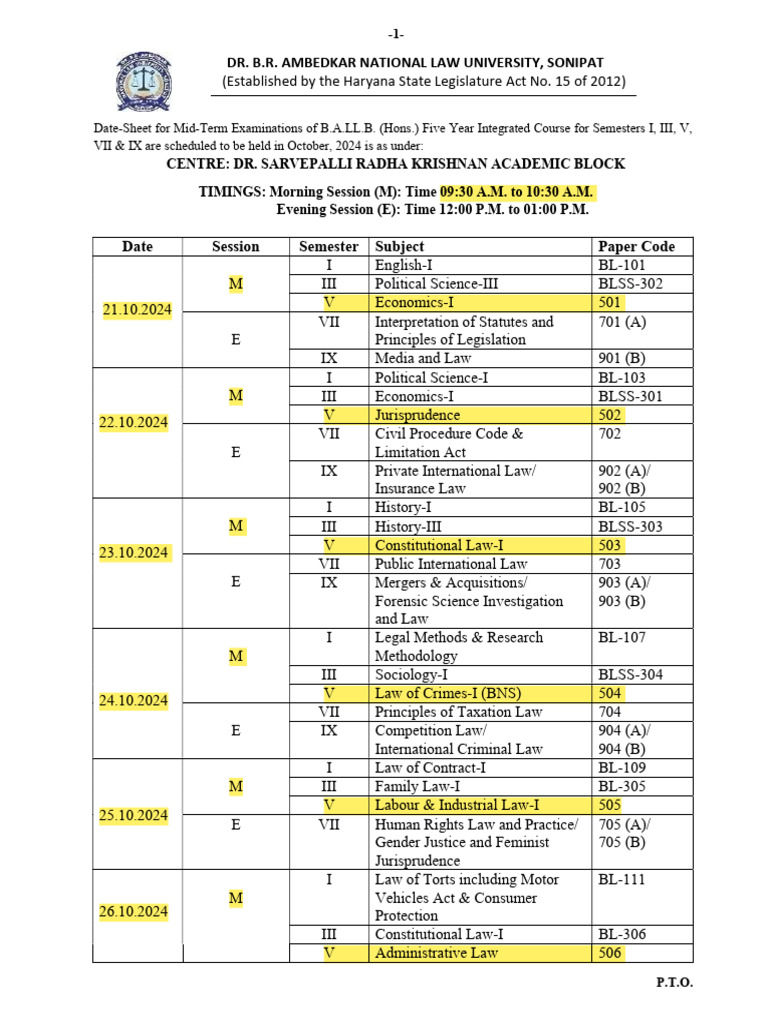 Mid-Term Date Sheet Oct. 2024 | PDF