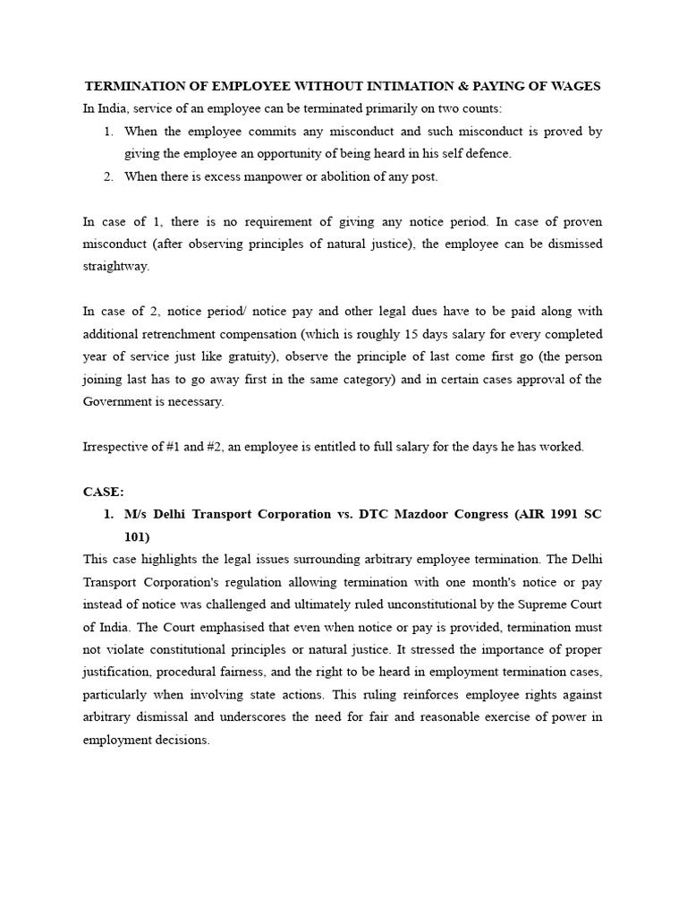 Termination of Employee Without Intimation & Paying of Wages | PDF