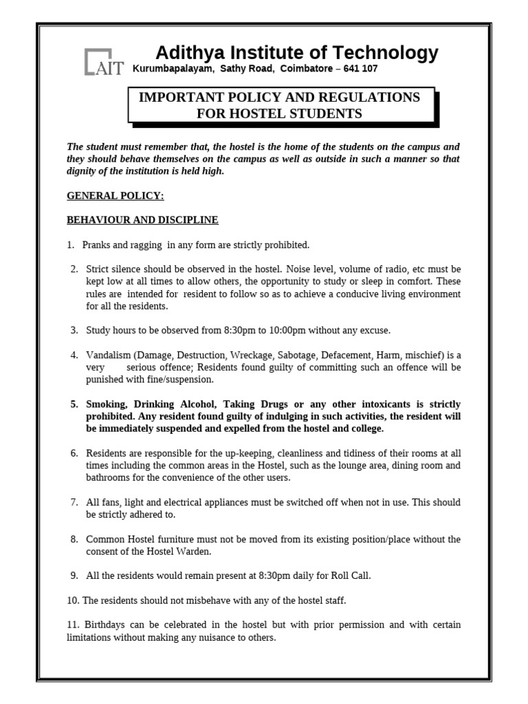 Hostel Policies for Adithya Institute Students | PDF | Home & Garden ...