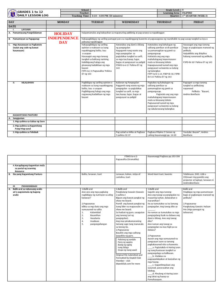DLL - Filipino 5 - Q1 - W2 | PDF