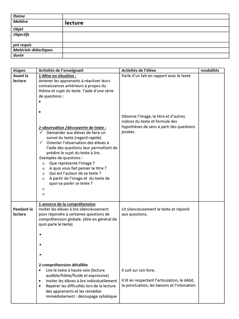 Fiche Type de Lecture | PDF | Évolution de carrière | Arts du langage ...