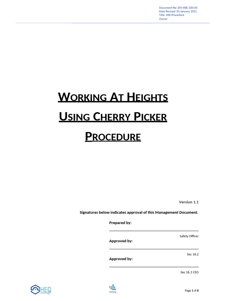 Procedure - Working at Heights - Cherry Picker - 2021 | PDF