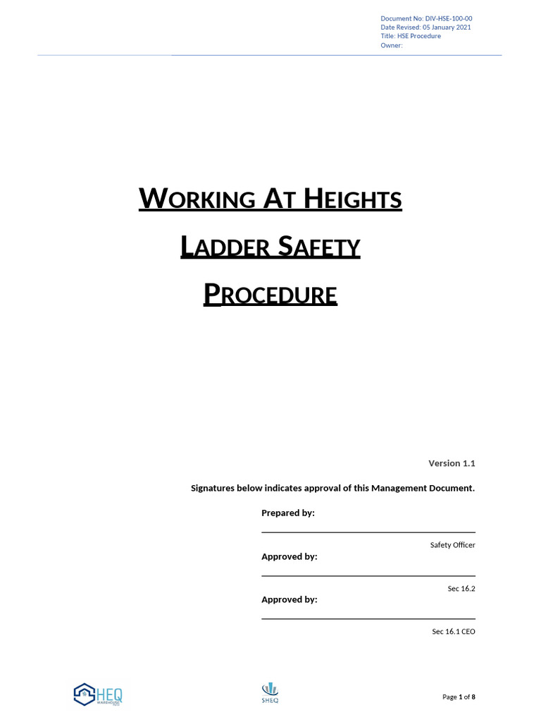 Procedure - Working at Heights - Ladder Safety - 2021 | PDF