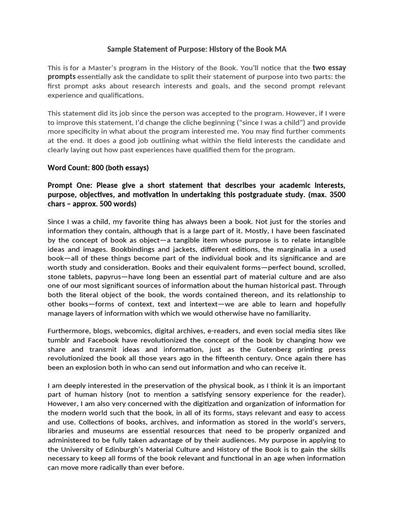 Statement of Purpose Sample Two History of The Book MA With Commentary | PDF