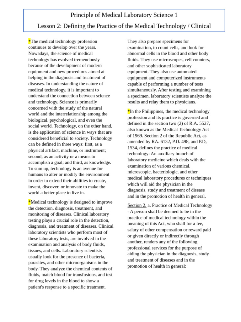 Principle of Medical Laboratory Science 1 Notes (Lesson2) | PDF