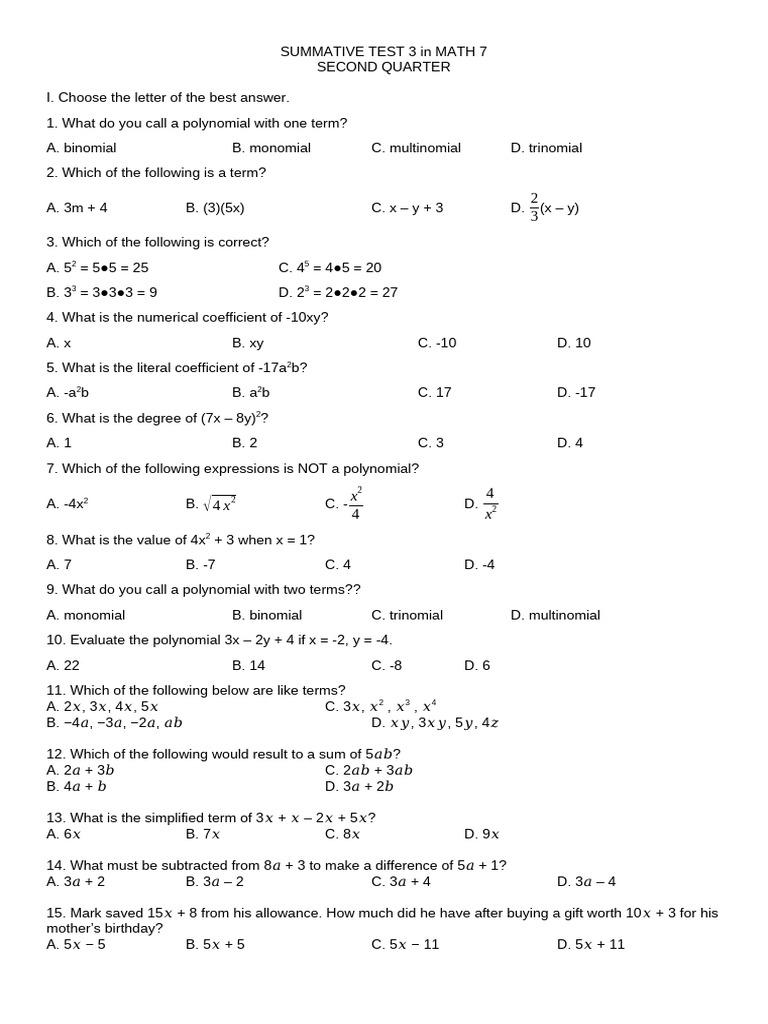 SUMMATIVE TEST 3 in MATH 7 (2ND QUARTER) | PDF