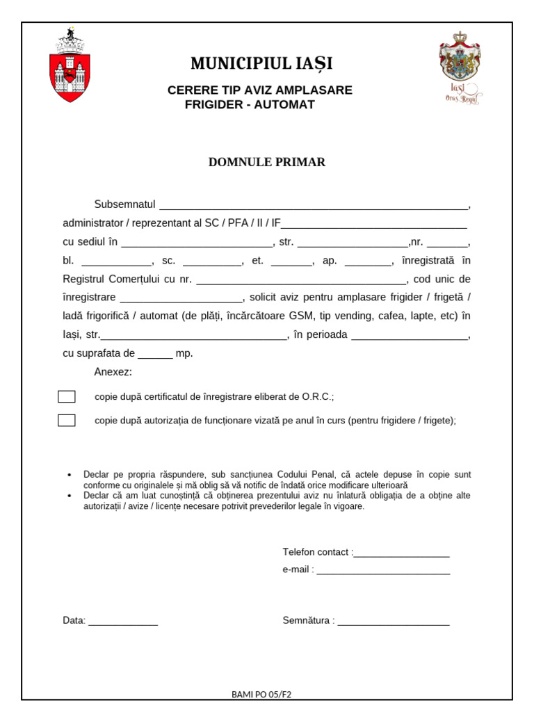 Cerere Tip - Aviz Amplasare Frigider | PDF