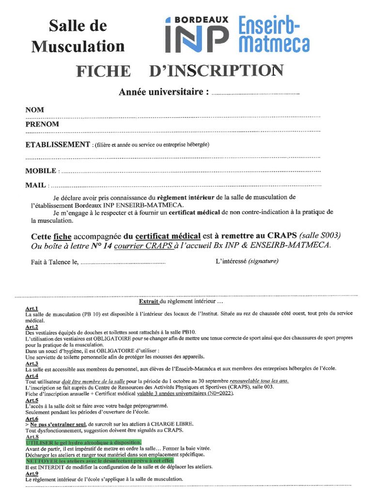 Salle Musculation Dossier Inscription | PDF