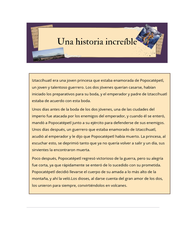 Leyenda de Iztaccíhuatl y Popocatépetl | PDF