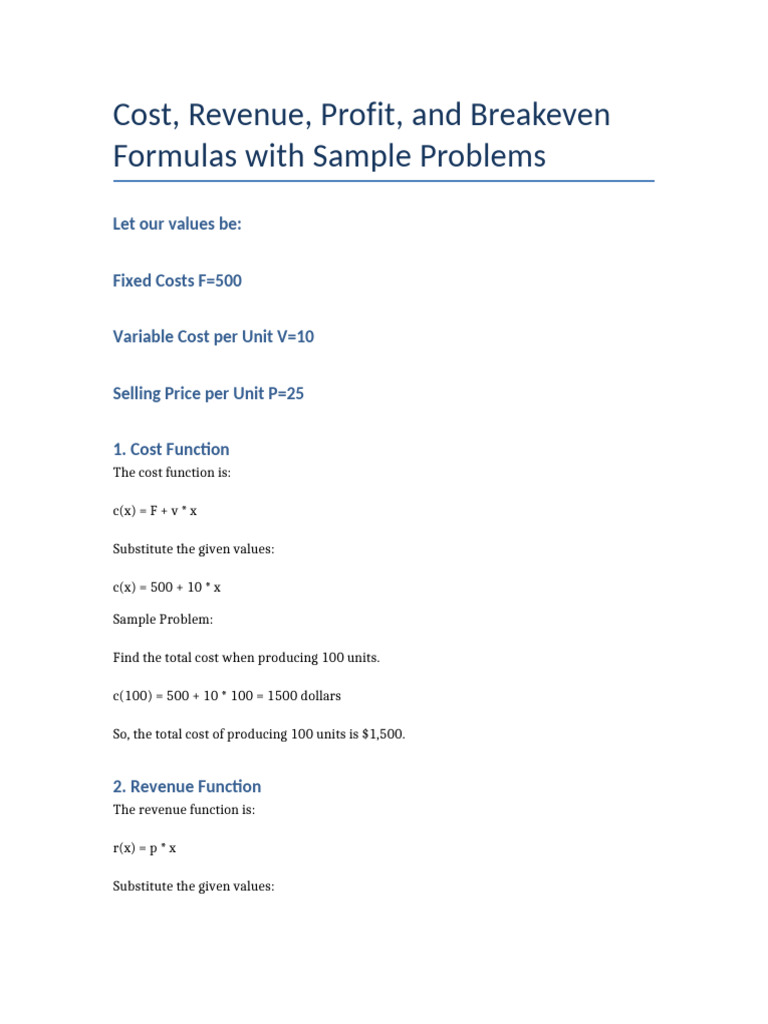 Cost_Revenue_Profit_Breakeven_Formulas_with_Samples | PDF