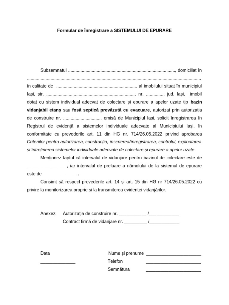 Formular inreg sistem epurare oct 2023 | PDF