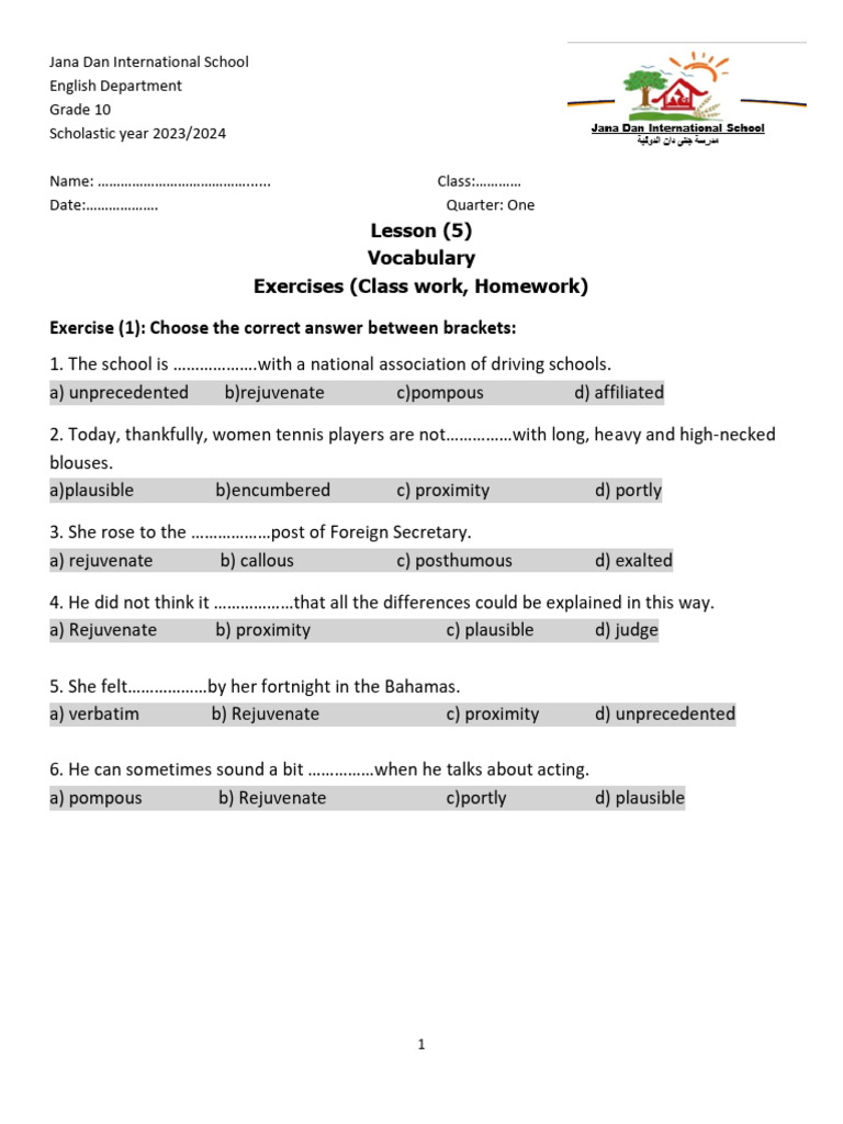 Voc. Lesson 5 Worksheet | PDF