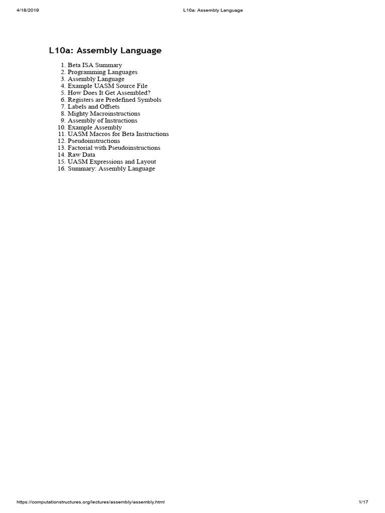 L10a - Assembly Language | PDF