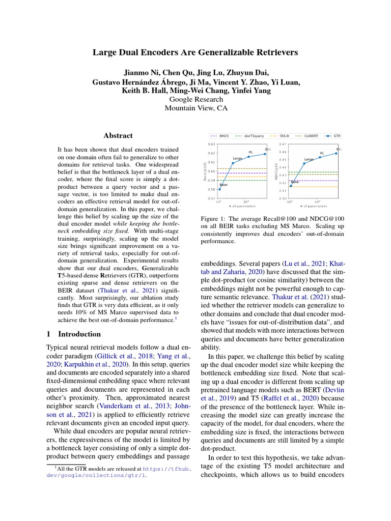 Large Dual Encoders Are Generalizable Retrievers | PDF