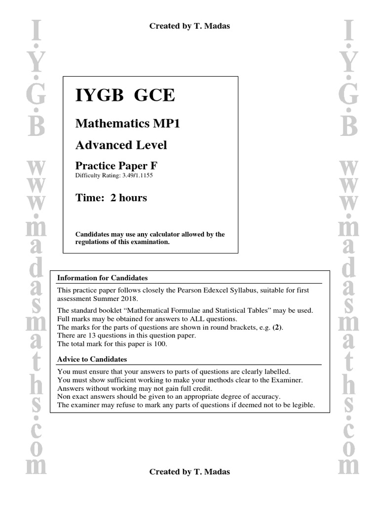 Iygb Gce: Mathematics MP1 Advanced Level | PDF