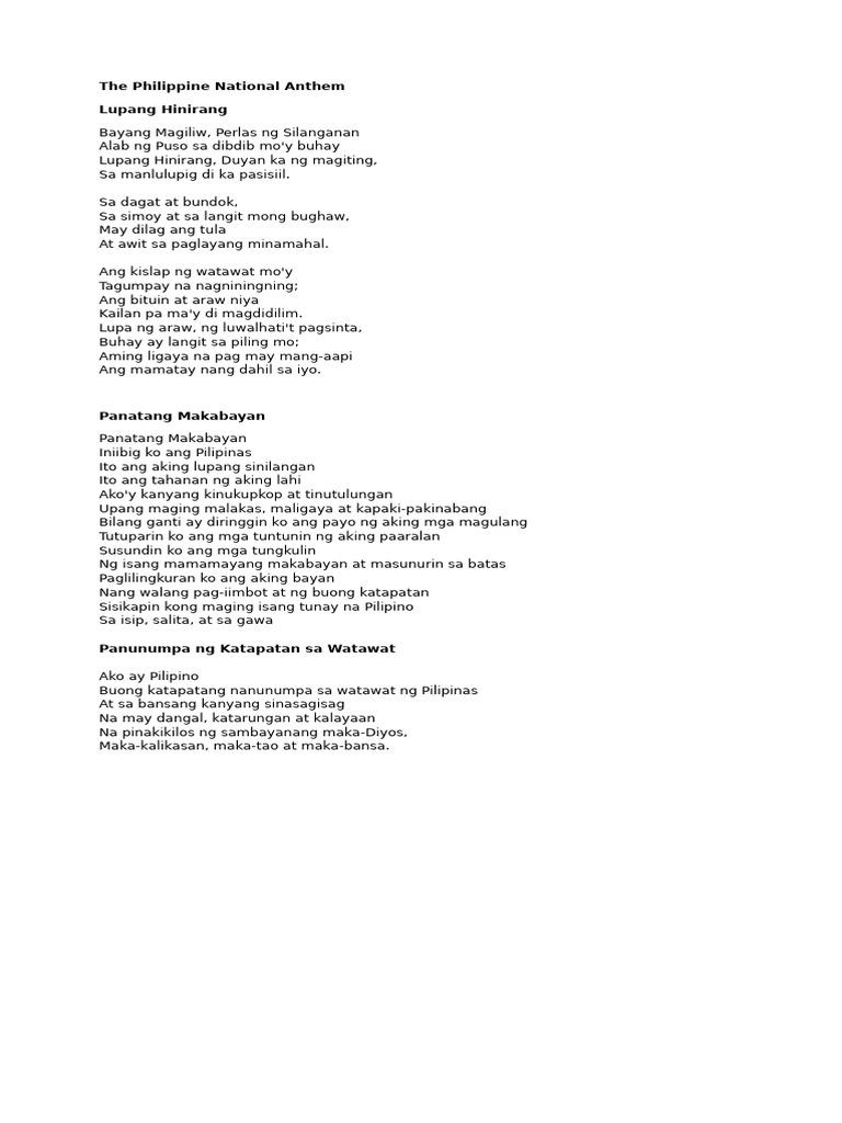 Lyrics of Lupang Hinirang Panatang Makabayan Panunumpa NG Katapatan NG ... Lyrics of Lupang Hinirang Panatang Makabayan Panunumpa NG Katapatan NG ...