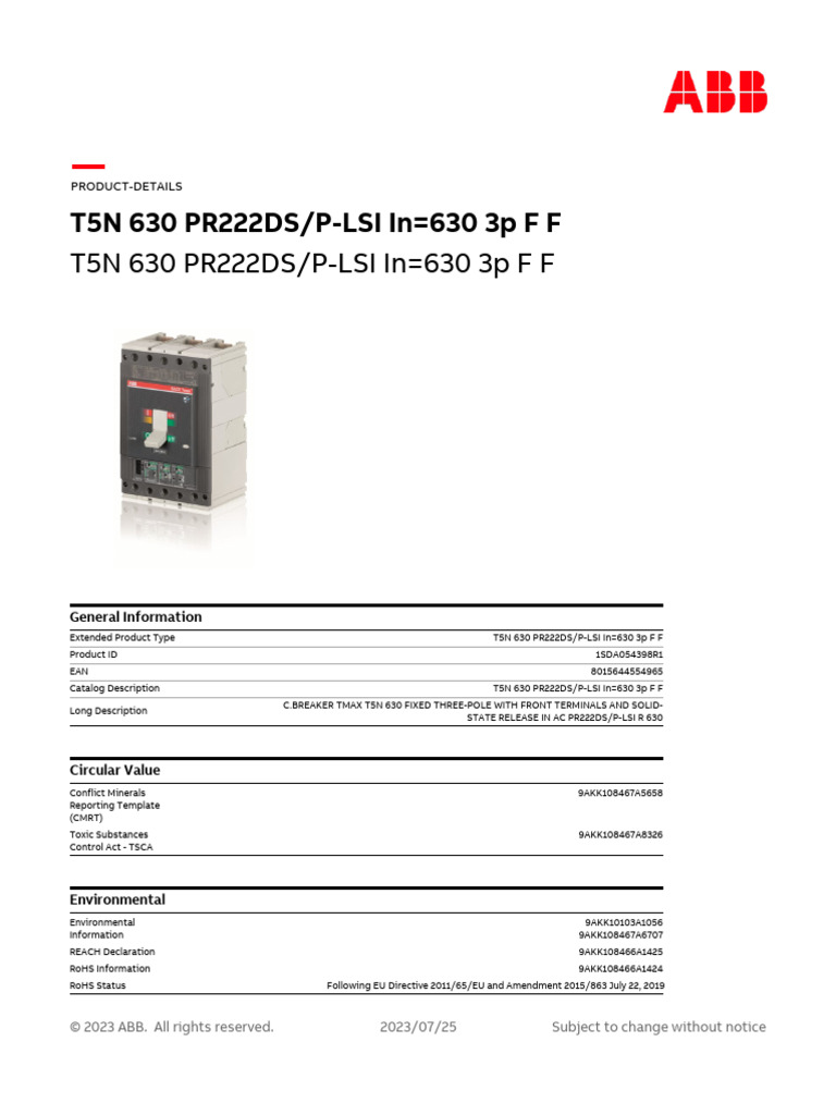 1SDA054398R1 t5n 630 pr222ds P Lsi in 630 3p F F | PDF