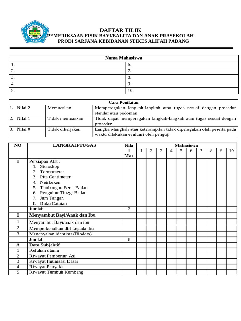 DAFTAR TILIK - Bayi Balita Dan Anak Pra Sekolah | PDF