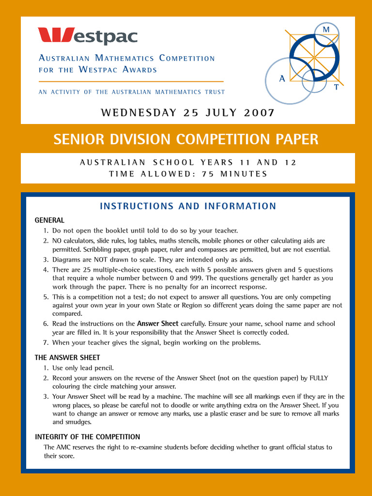 Senior Division Competition Paper: 2 5 J U Ly 2 0 07 | PDF