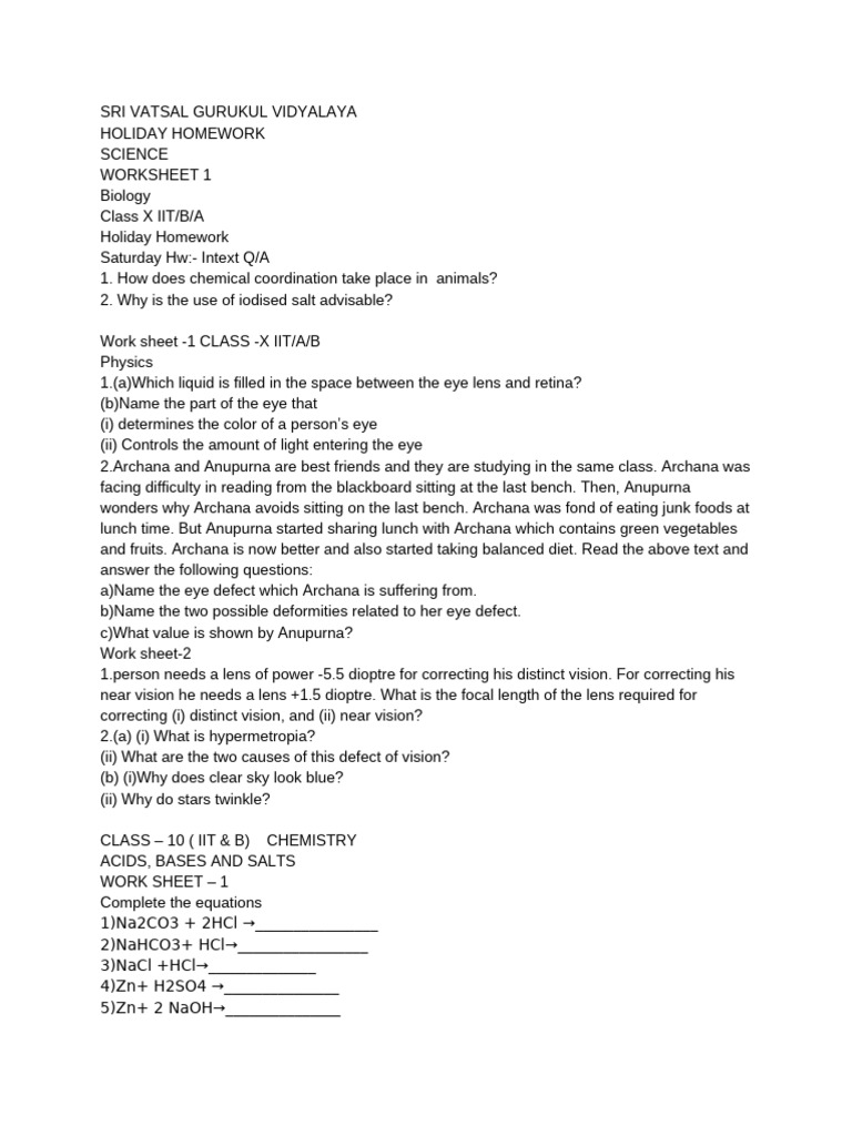 Class X science worksheet 1 (1) | PDF