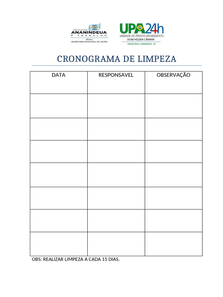 Cronograma De Limpeza Pdf