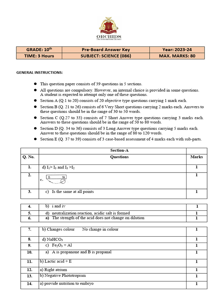 G10 SCIENCE Pre Board Answer Key | PDF