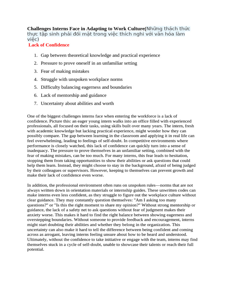 Challenges Interns Face in Adapting To Work Cultur1 | PDF
