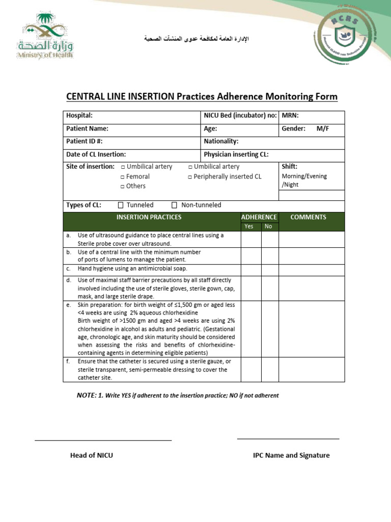 Central Line Insertion Practices Adherence Monitoring Form | PDF