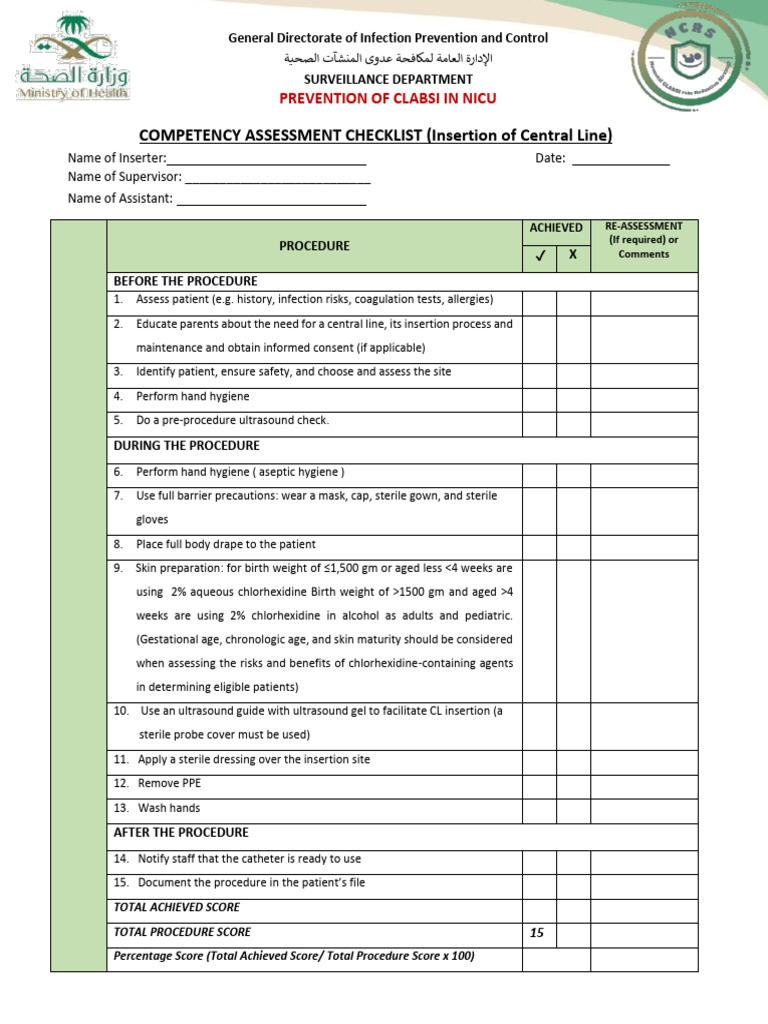 Competency Assessment Checklist (Insertion of Central Line) | PDF