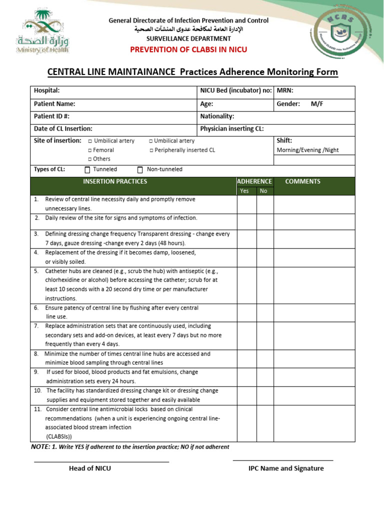 Central Line Maintainance Practices Adherence Monitoring Form | PDF