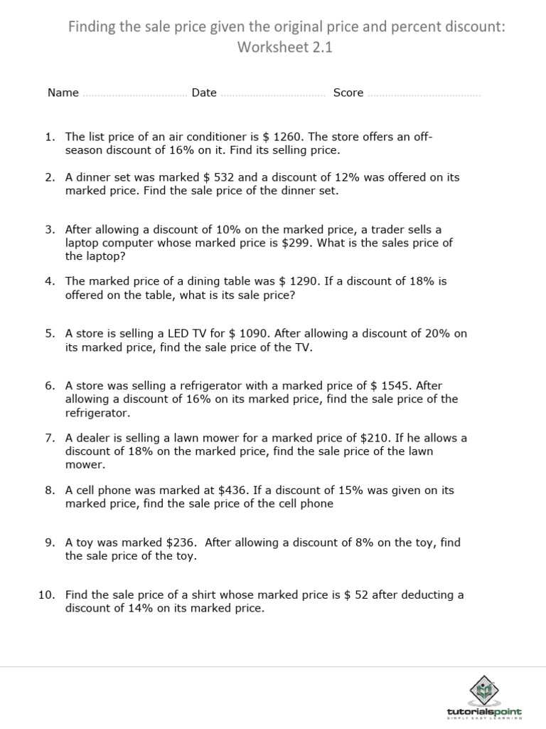 Finding Sale Price Given Original Price and Percent Discount ...