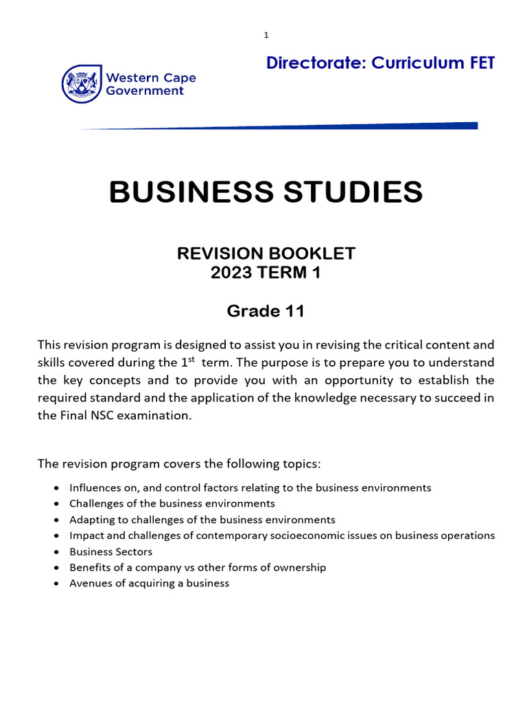 2023-03-10 GR 11 Term 1 BSTD Revision Booklet | PDF