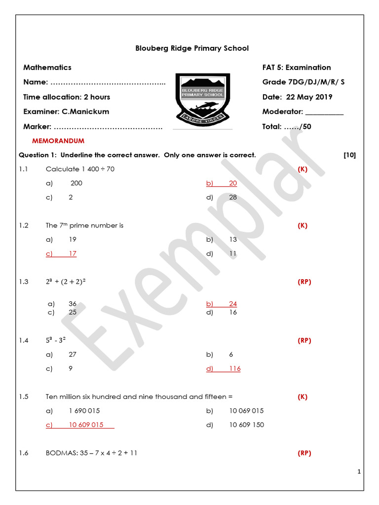 Grade 7 Math Exam | PDF | Arithmetic | Mathematical Notation